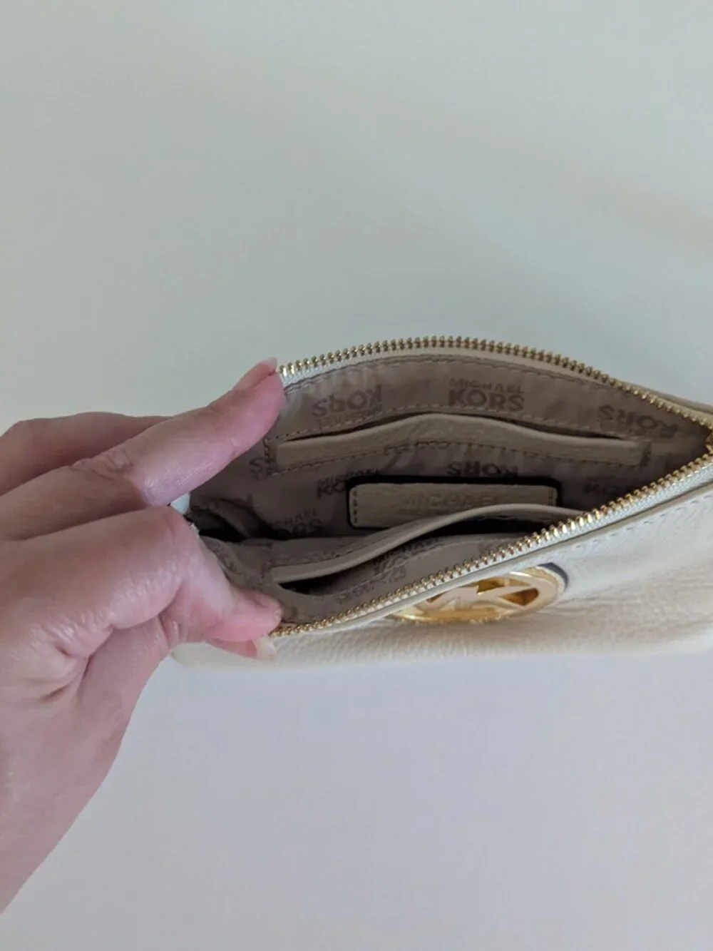 Michael Kors | Bags | Michael Kors Vanilla Leather And Gold Wristlet ...